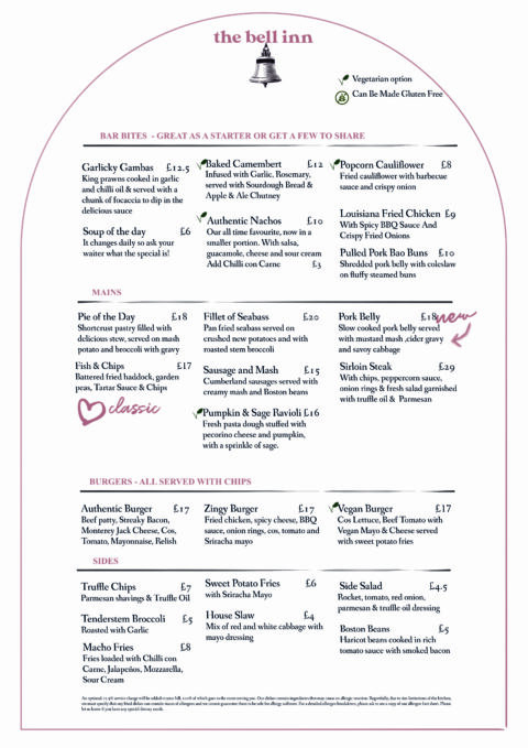 The Bell Inn Hampton Menu - The Bell Inn Hampton